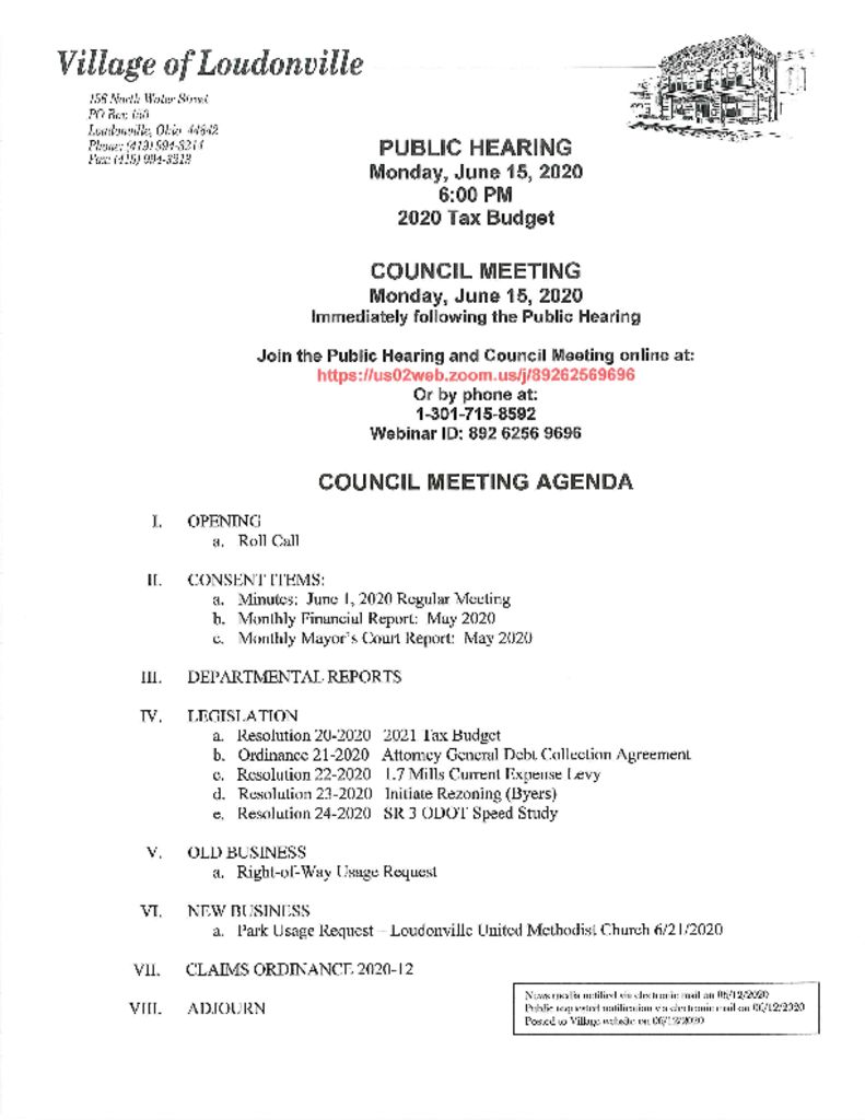 AGENDA & Public Hearing June 15, 2020 - Village of Loudonville