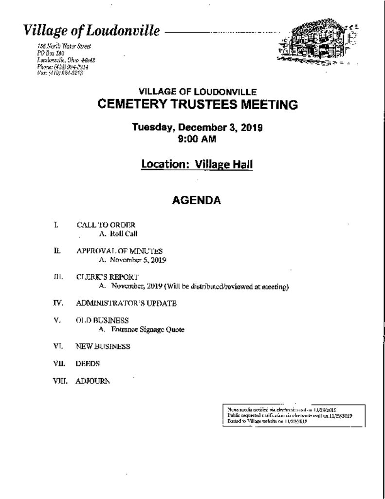 Cemetery Board Agenda December 3, 2019 - Village of Loudonville