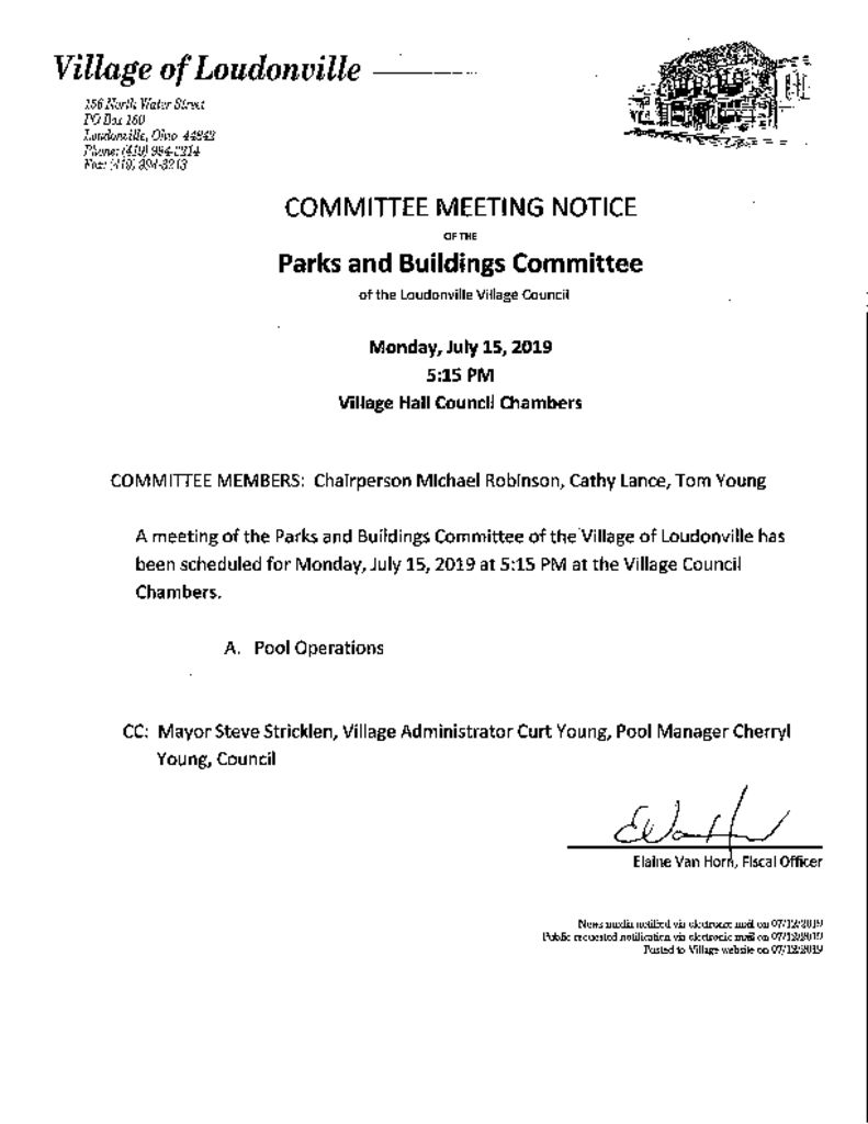 July 15 2019 meeting notice - Village of Loudonville