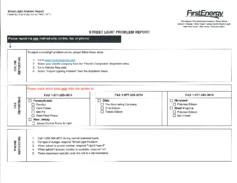 Ohio Edison Street Light Outage Form - Village of Loudonville