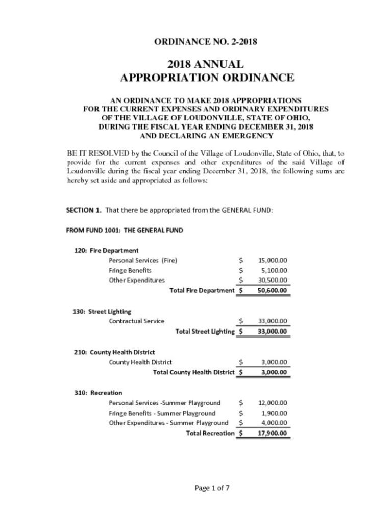Ordinance 2-2018 Annual Appropriation Ordinance - Village of Loudonville