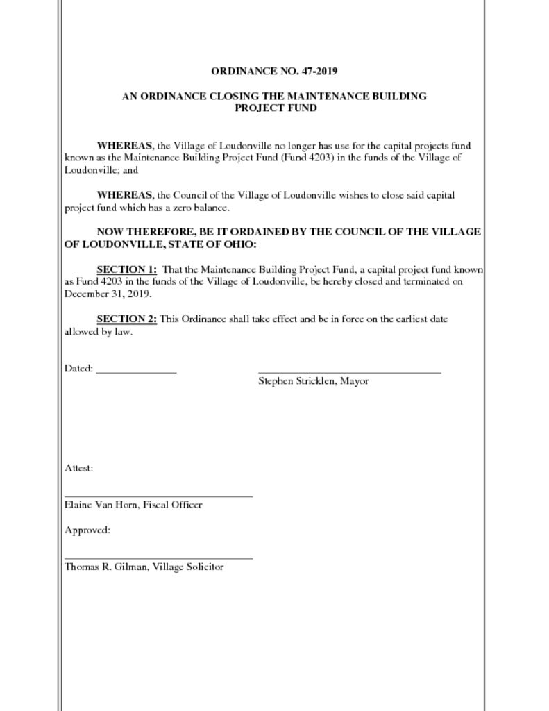 Ordinance 47-2019 - Maintenance Building Project Fund Closure - Village ...