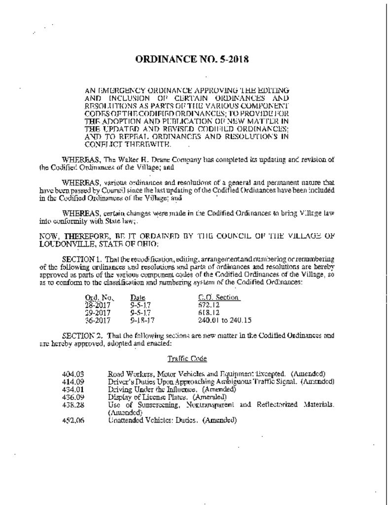 Ordinance 5-2018 Codified Ordinance Update - Village of Loudonville