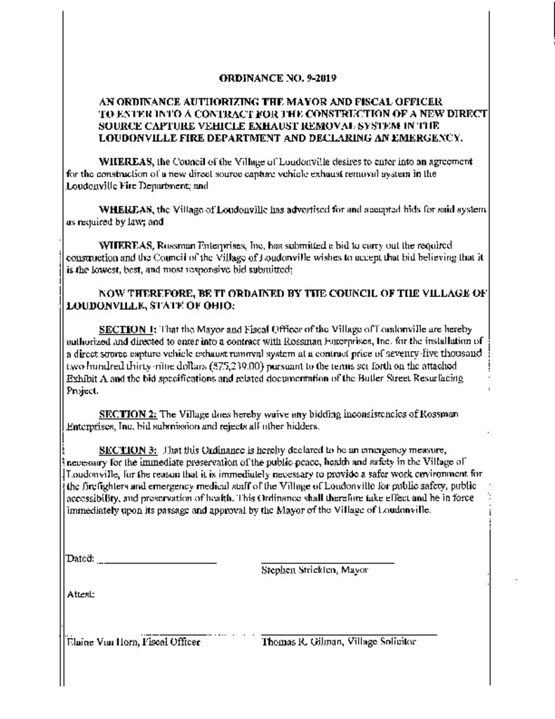 Ordinance 9-2019 - FD FEMA Project Contract Approval - Village of ...