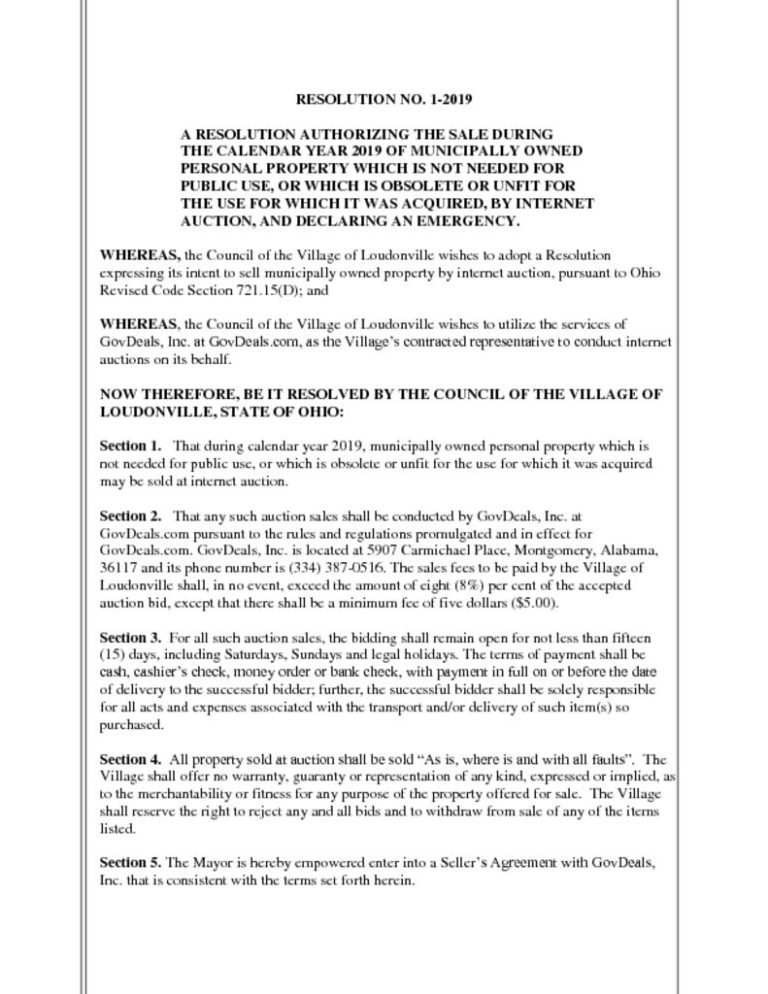 Resolution 1-2019 - GovDeals for Year - Village of Loudonville