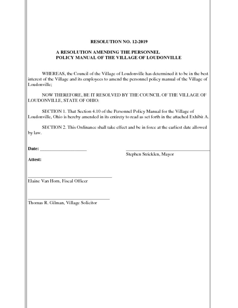 Resolution 12-2019 - Employee Handbook Resolution - Section 4_10 ...