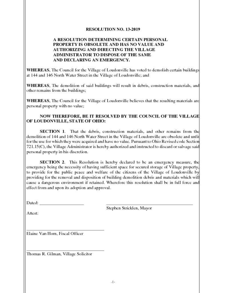 Resolution 13-2019 - Disposition of demolition debris - Village of ...