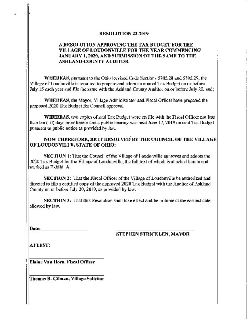 Resolution 23-2019 (2020 Tax Budget) - Village of Loudonville