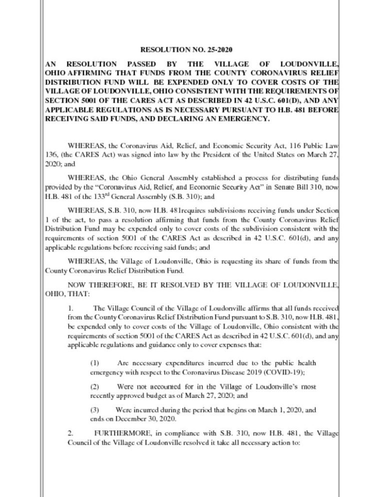 Resolution 25-2020 - COVID Funds - Village of Loudonville